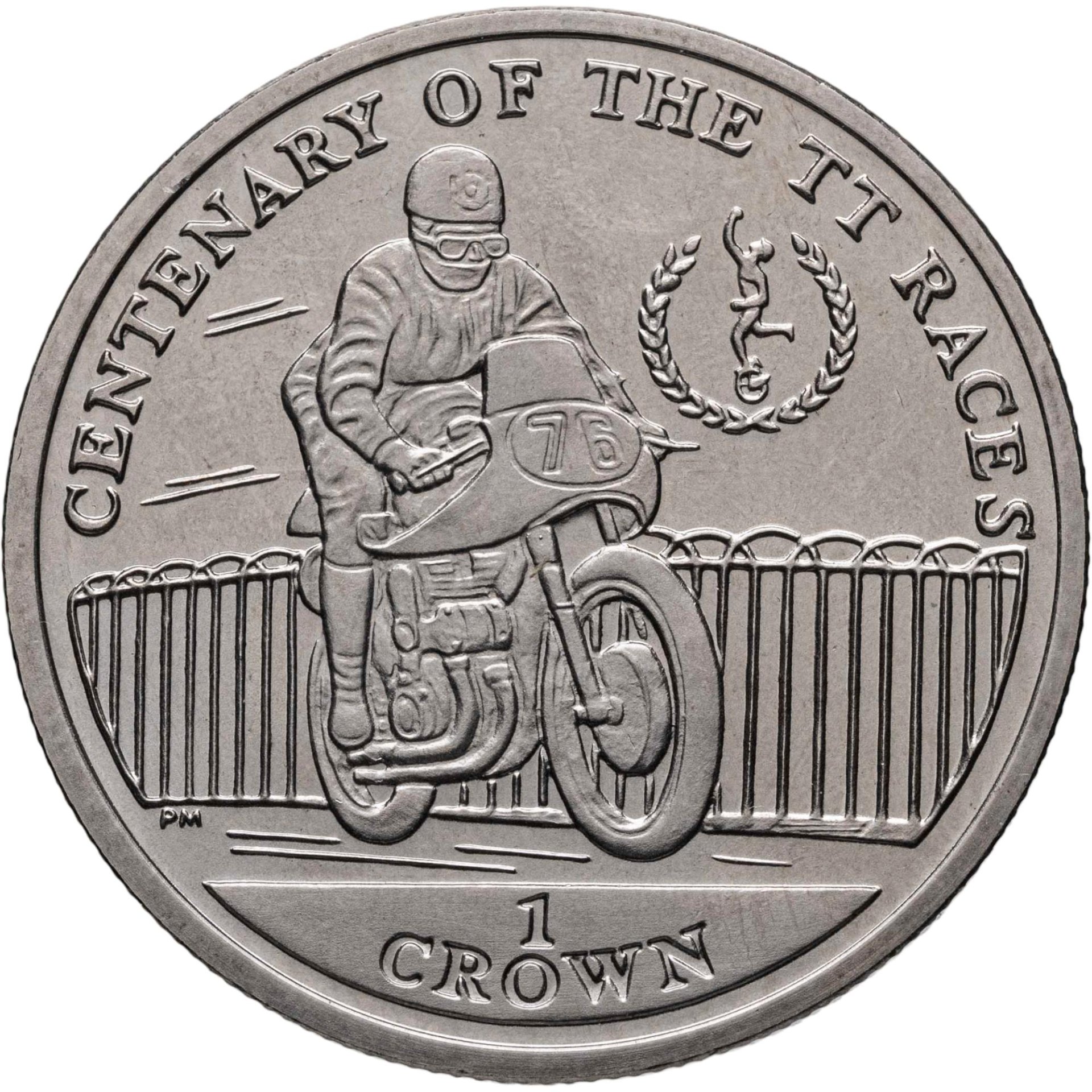 Остров Мэн 1 крона 2007 "100 лет Мотогонкам "Tourist Trophy" - мотоцикл едет вправо", Мельхиор медь-никель, в сохранности BUNC
