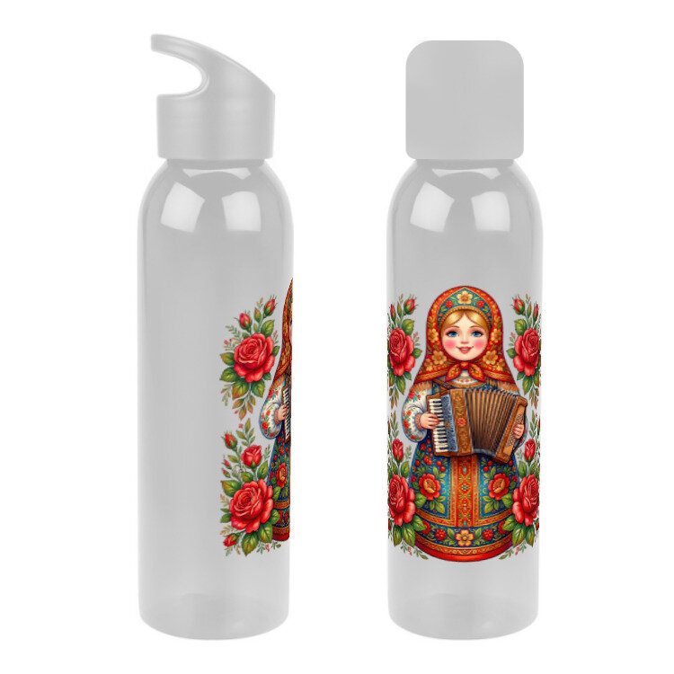 Бутылка для воды «Матрёшка в цветах, сувенир» (серый)