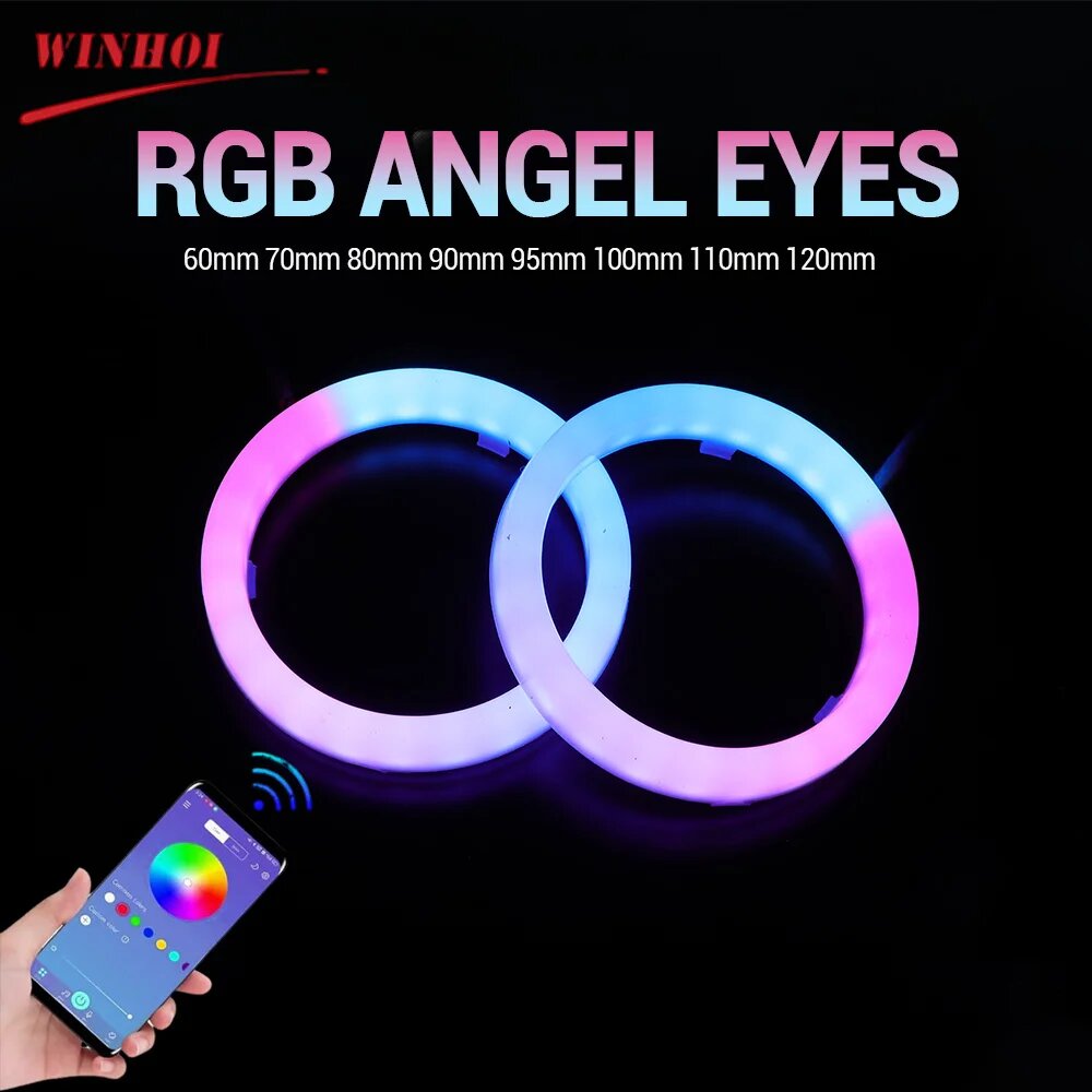 Светодиодные фары Cotton Lights RGB Angel Eyes с динамическими кольцами Halo, 12В, дневные 80mm