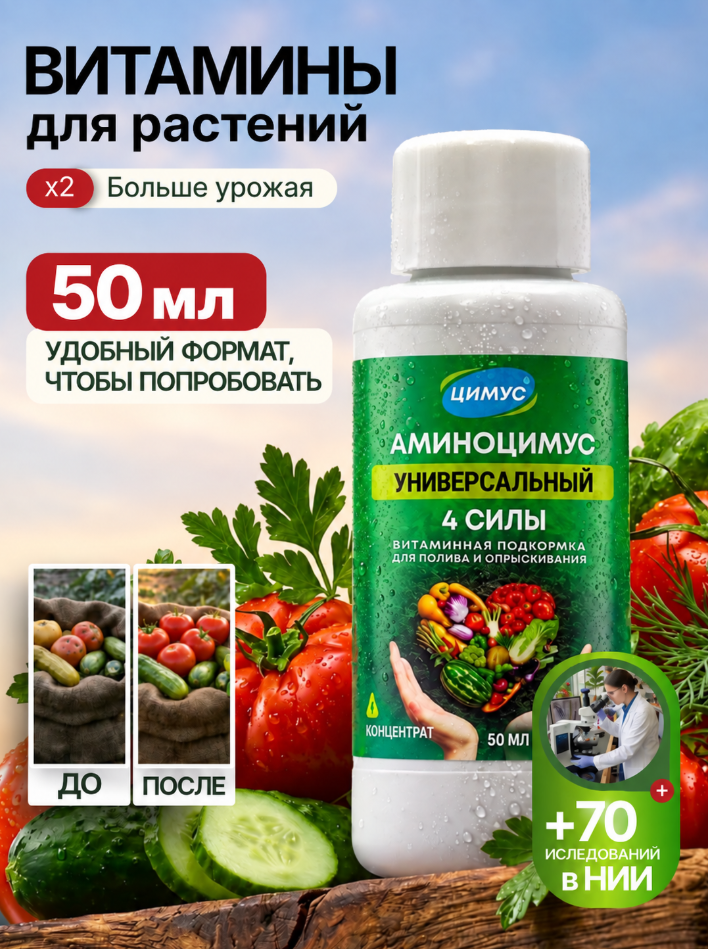 Удобрение-концентрат Аминоцимус для овощей, цветов, хвойных, газона, комнатных, органическое, 50 мл