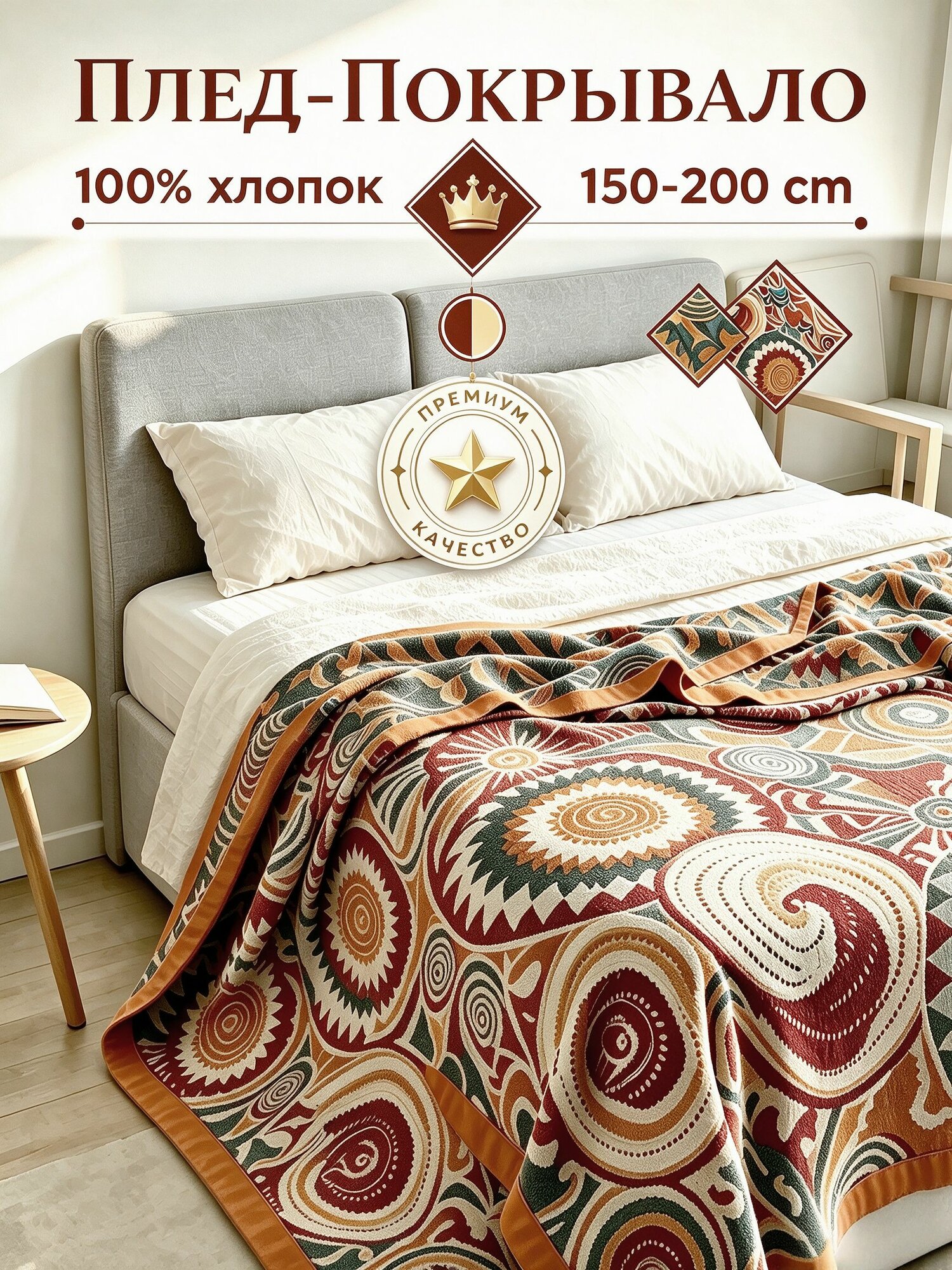 Плед 150x200 см хлопок двусторонний вышивка коралловый