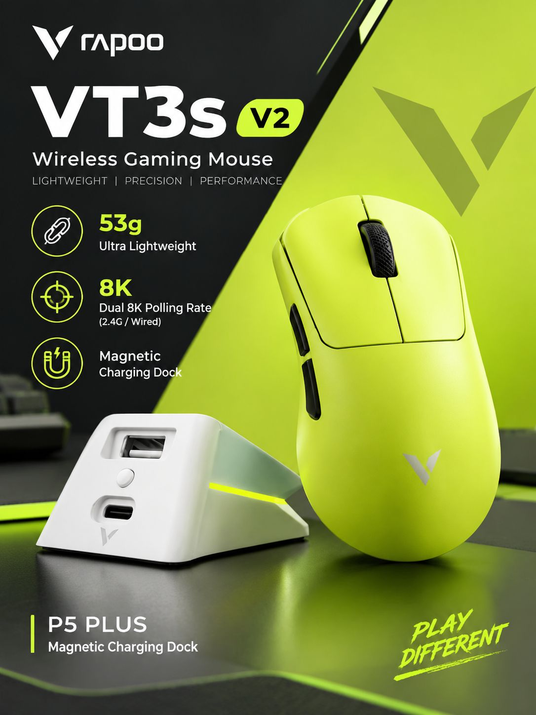 Мышь беспроводная игровая Rapoo VT3s V2 с зарядной станцией P5 PLUS, 53 г, 45000 DPI, 8K Гц