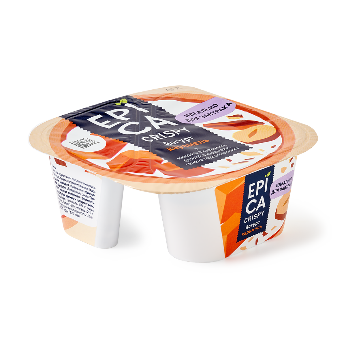 Йогурт Epica Crispy, с карамелью, 4,8%, дип-пот, 140 г, от +2 °C до +6 °C
