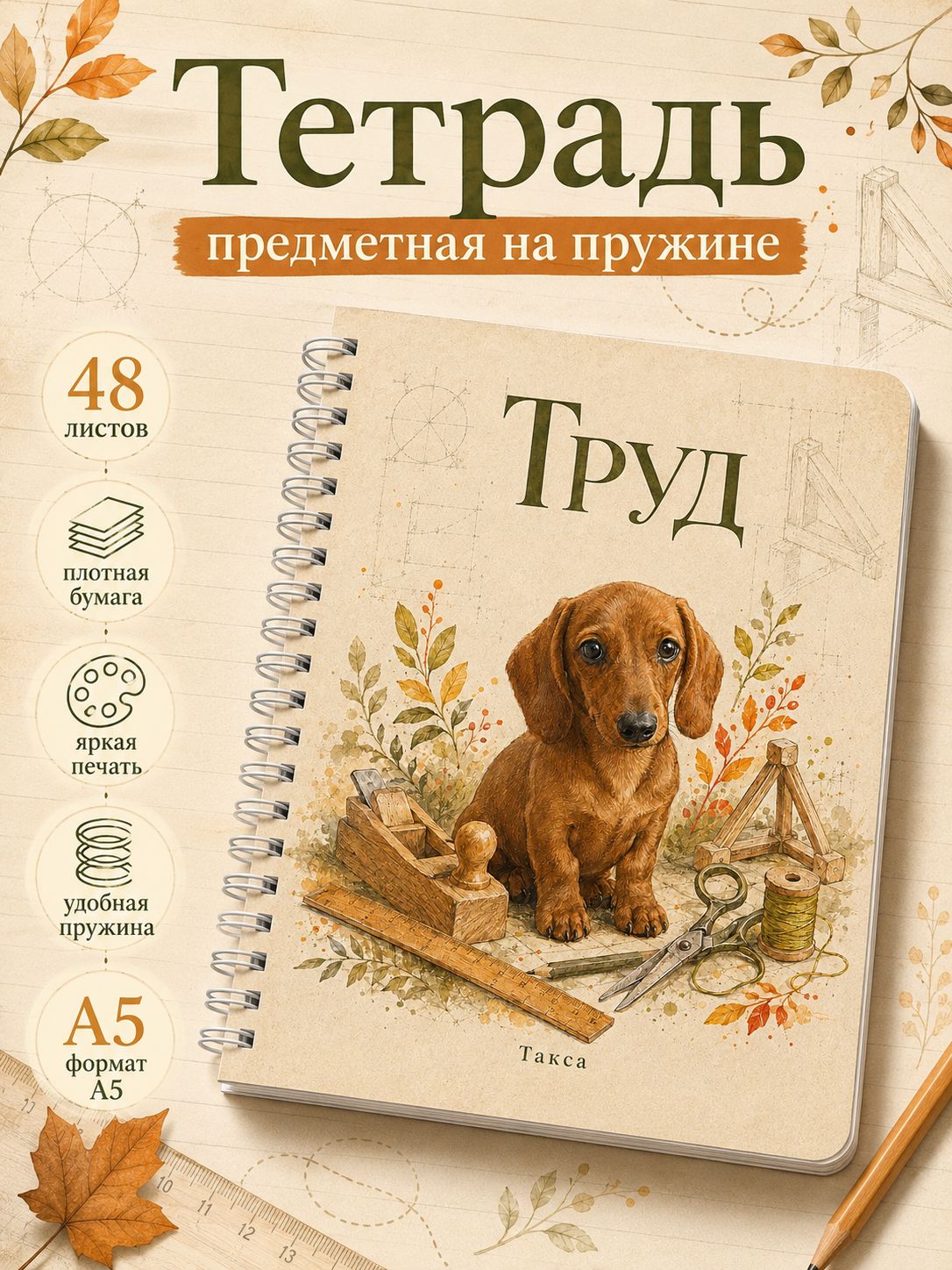 Тетрадь школьная предметная в клетку Труд, на пружине, 48 листов