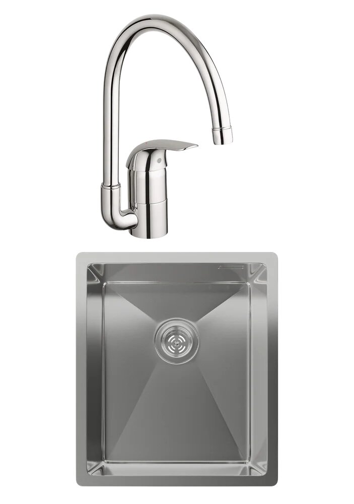 Комплект Мойка Rivelato Rinox 3844 UN 38x44, нержавеющая сталь / Смеситель Grohe Euroeco 32752000 глянцевый хром