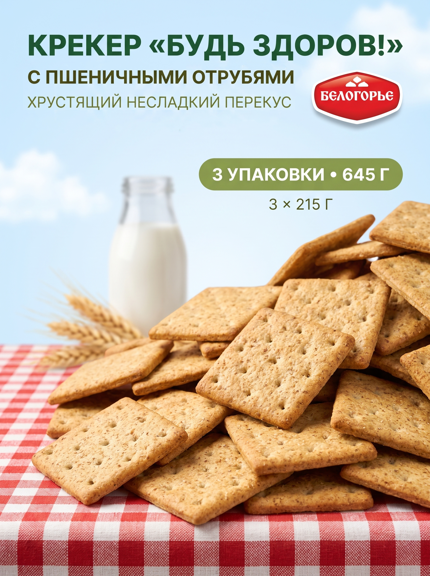 Крекер Будь Здоров с отрубями Белогорье, 3 упаковки по 215 г, 645 г