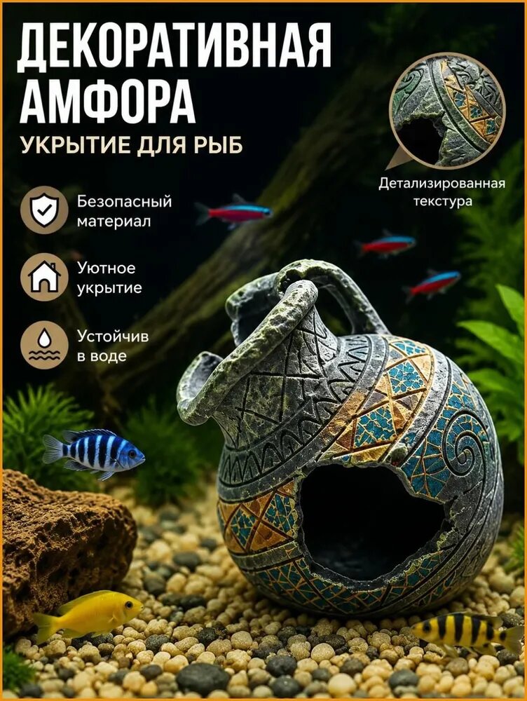 Грот для аквариума Разбитая ваза, керамическая декорация-укрытие для рыб, 130x115x120 мм, темно-серый