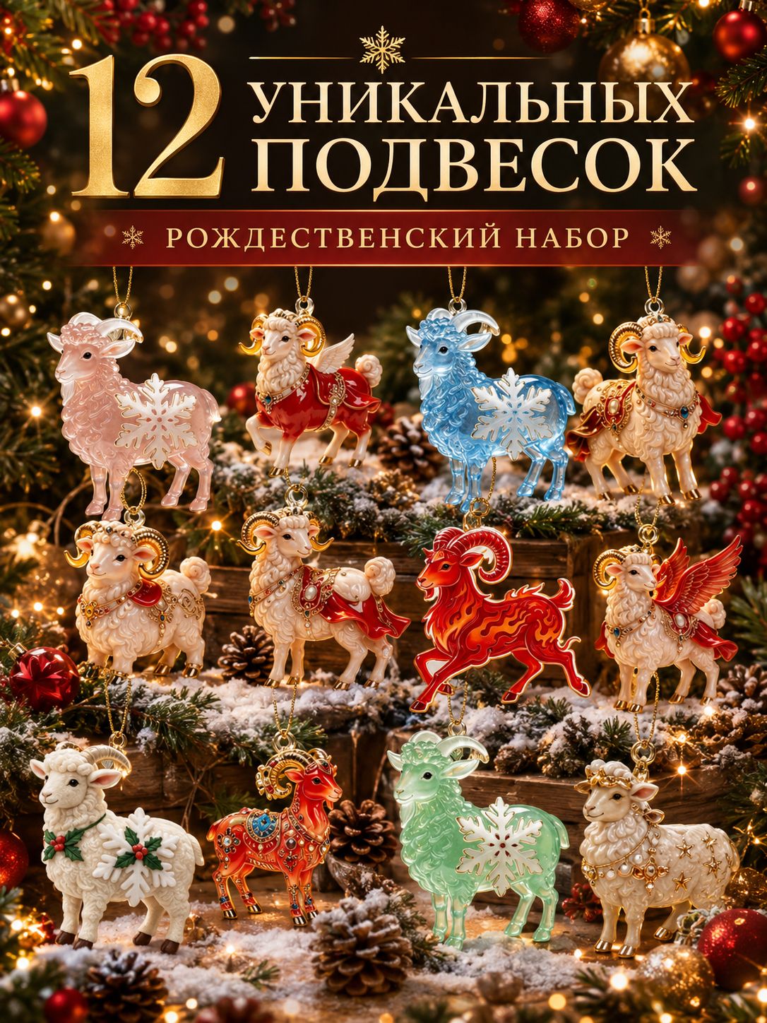 Елочная игрушка 8 см коза разноцветный 12 шт