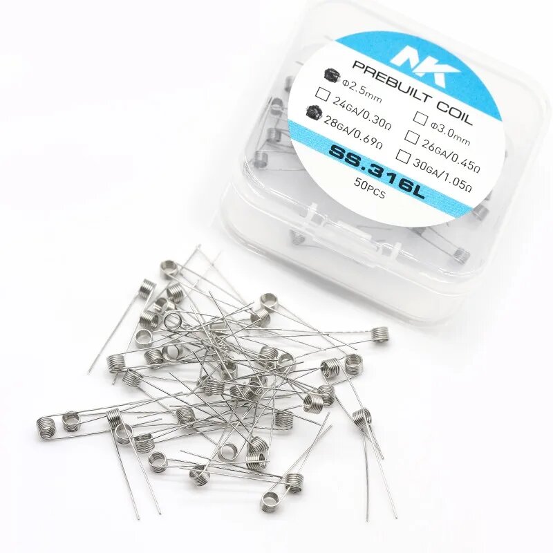 NK Prebuilt Coil SS316L 28g 0.69O ID2.5, 50шт