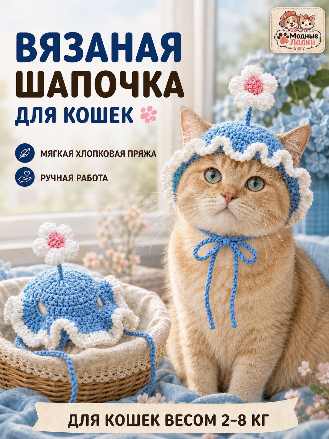 Шапка для кошек и собак цветок, с отверстиями для ушей, универсальный размер