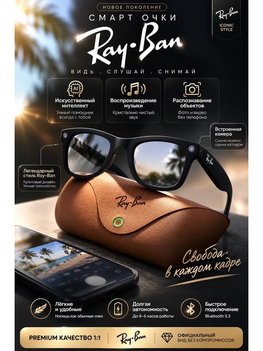 Умные очки с камерой, логотип Ray-Ban с камерой, с защитным чехлом