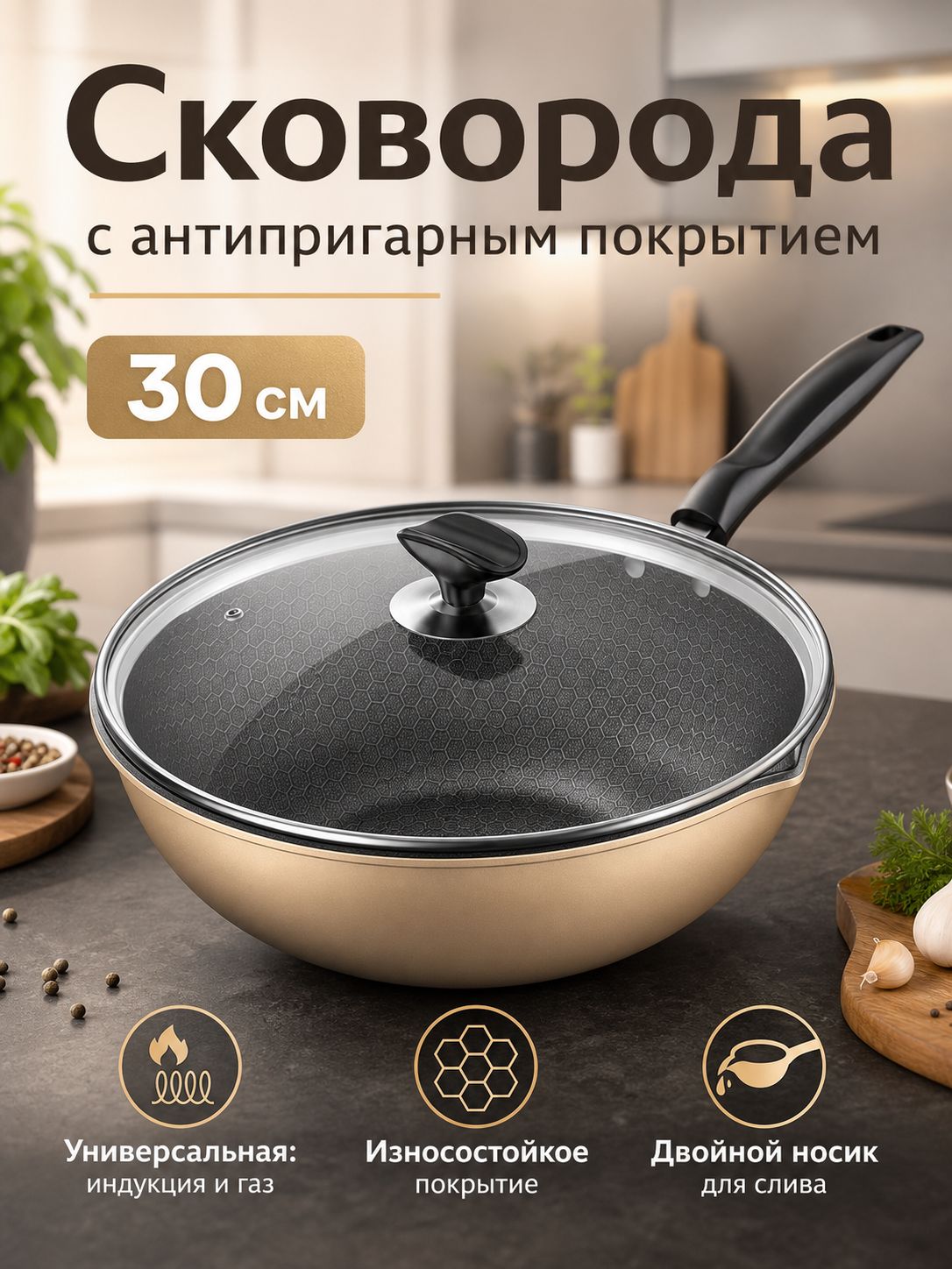 Сковорода-сотейник с сотовым антипригарным покрытием, 30 см, с крышкой, алюминий, для всех плит