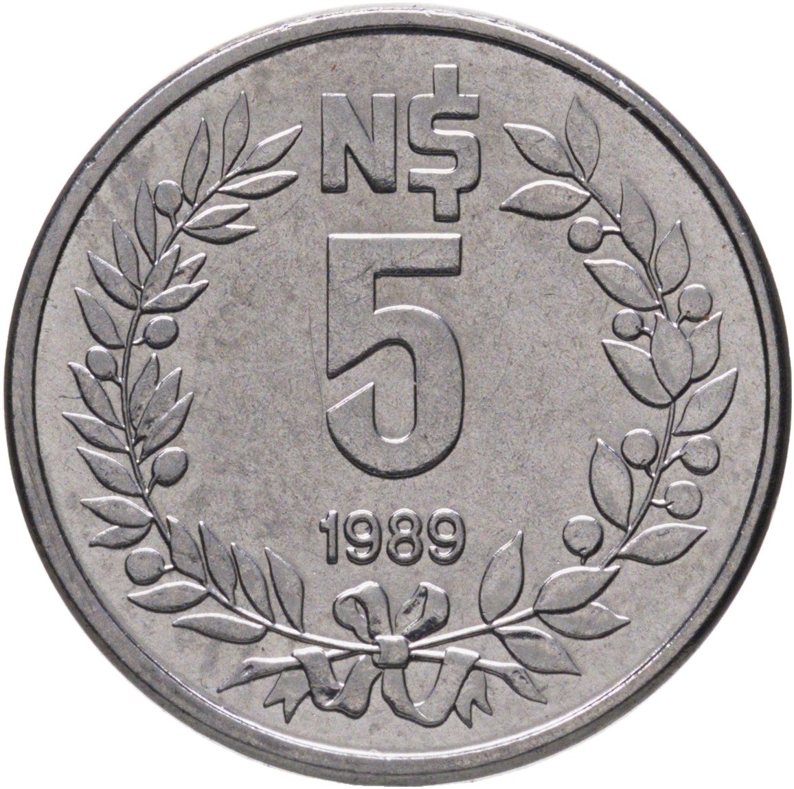 Уругвай 5 новых песо 1989, Сталь, в сохранности XF