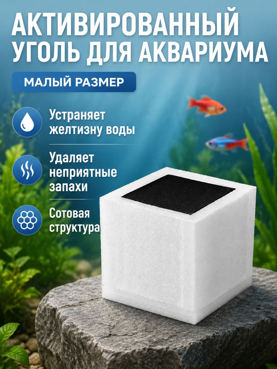 Активированный уголь для аквариума, кубик-фильтр малый (5 5 5 см), из бамбукового угля с йодным числом >800, удаляет желтизну и запах