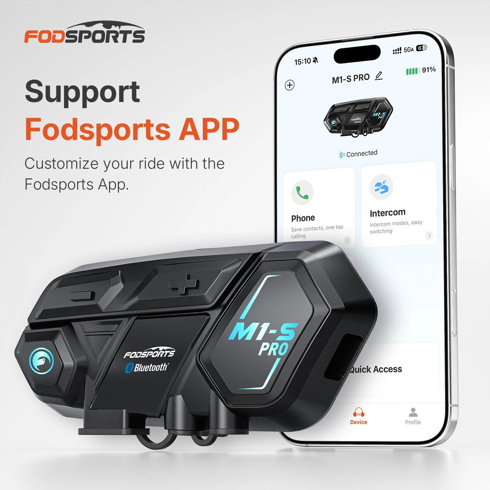 Мотоциклетная гарнитура Fodsports M1-S Pro, гарнитура для шлема с Bluetooth, поддержка приложения Fodsports Connect.