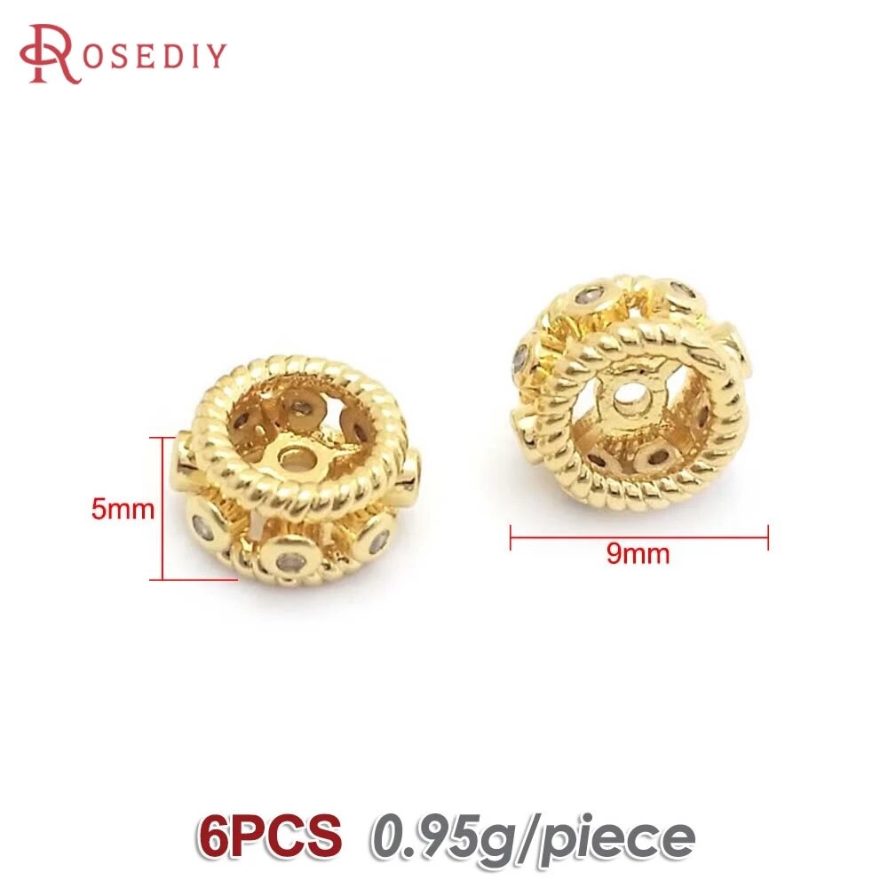 Бусины-разделители Rosediy из латуни с цирконами, золотистого цвета, для 18K Gold Color, 9MM 6PCS