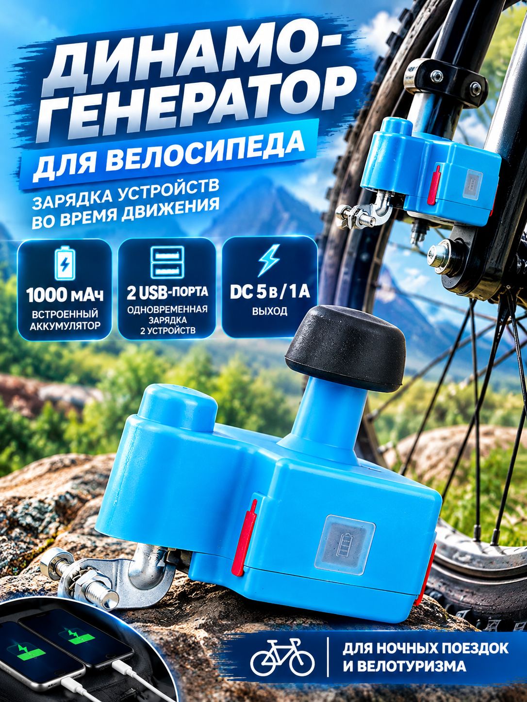 Велогенератор для велосипеда фрикционный с аккумулятором 1000 мАч, 2 USB-порта, DC 5 В 1 А, зарядное устройство для
