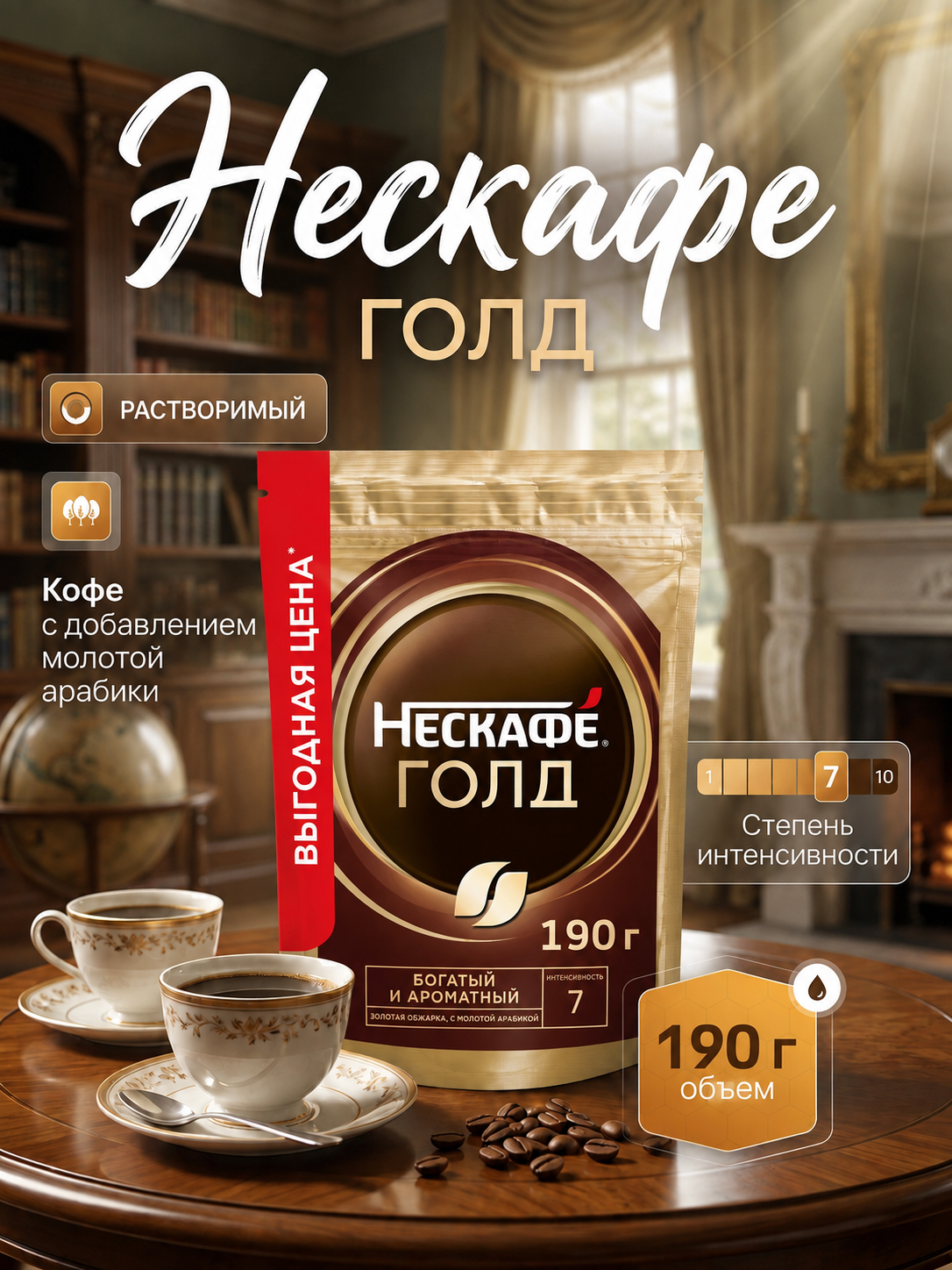 Кофе растворимый Нескафе Голд с молотой арабикой, 190 г, пакет с зип-застежкой