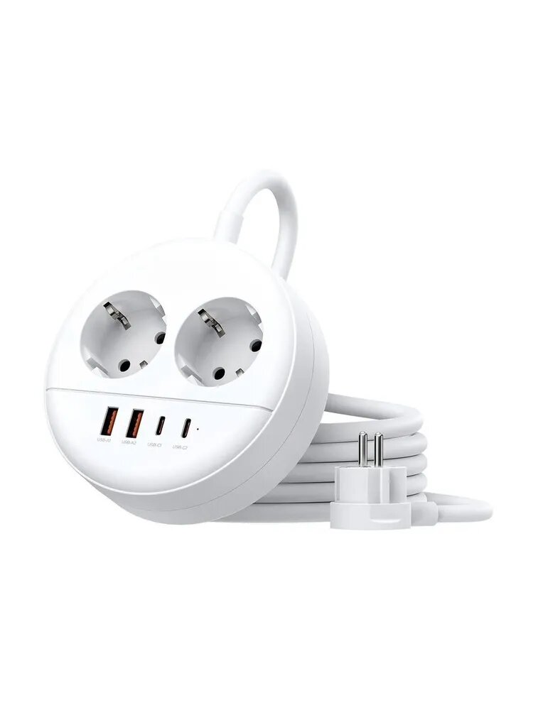 Сетевой фильтр 6 в 1 с USB-C PD 20W, 2 розетки EU, 2 USB-A и 2 Type-C, удлинитель 1.5 м с плоской вилкой, настольная зарядная станция для дома и офиса