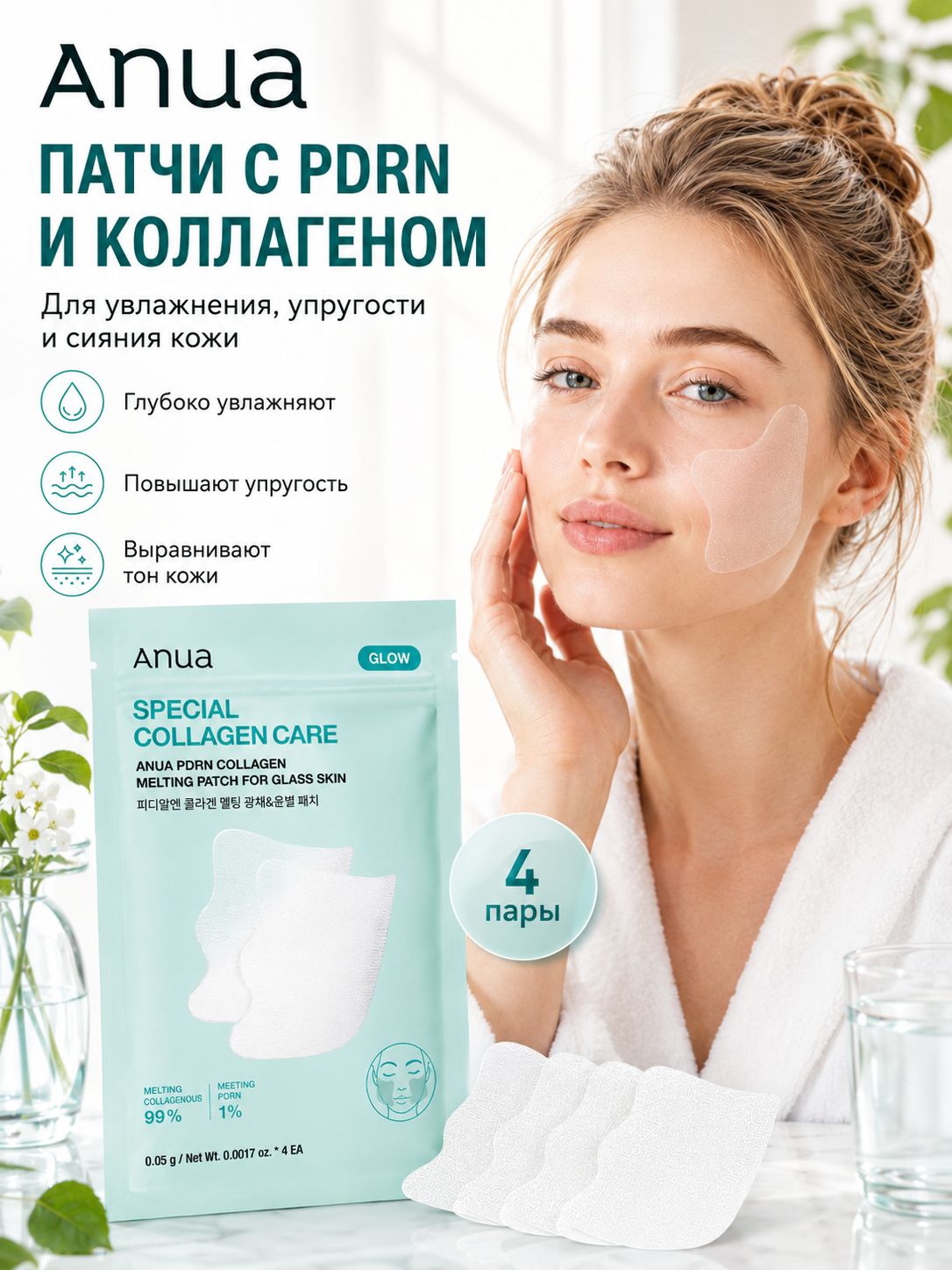 Набор тающих патчей для лица с пдрн Anua PDRN Collagen Melting Patch For Glass Skin 4 пары
