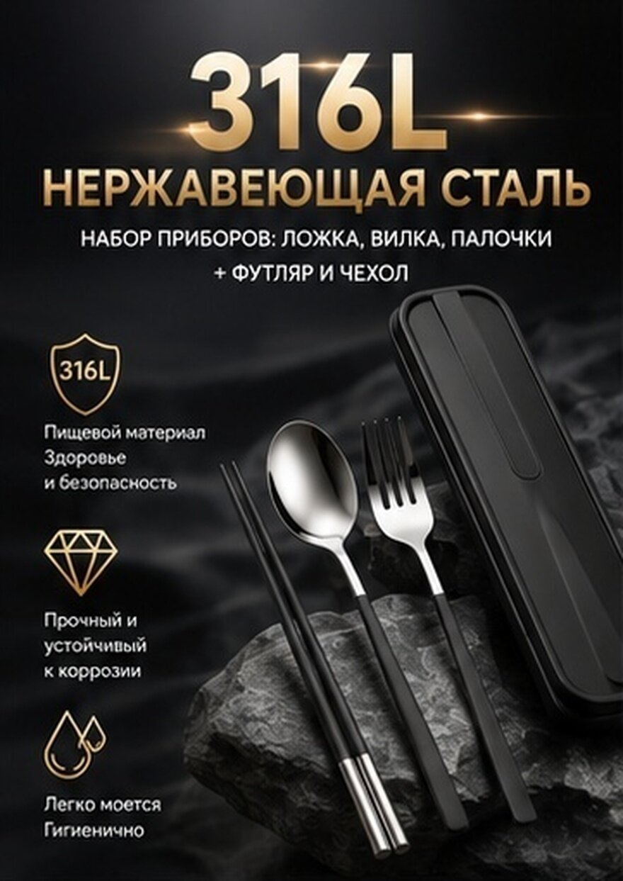 Комплект черных столовых приборов из 316l стали для школьников и офисных работников с чехлом и сумкой