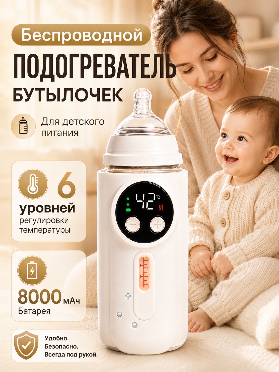 Беспроводной подогреватель для бутылочек, портативный подогреватель детского питания, 6 режимов температуры, 8000 мАч