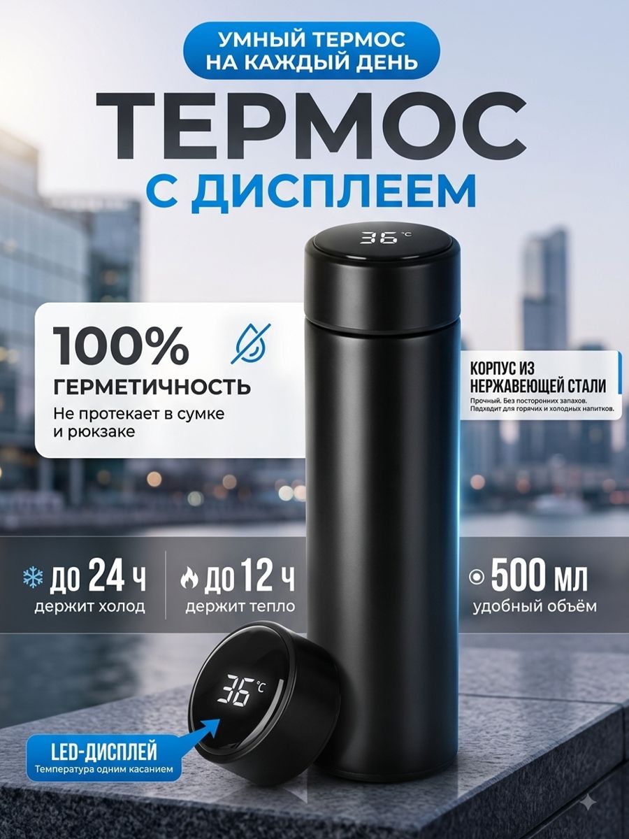 Термос 0.5 л, холод 15 ч, тепло 12 ч, с ситечком, с термометром, черный