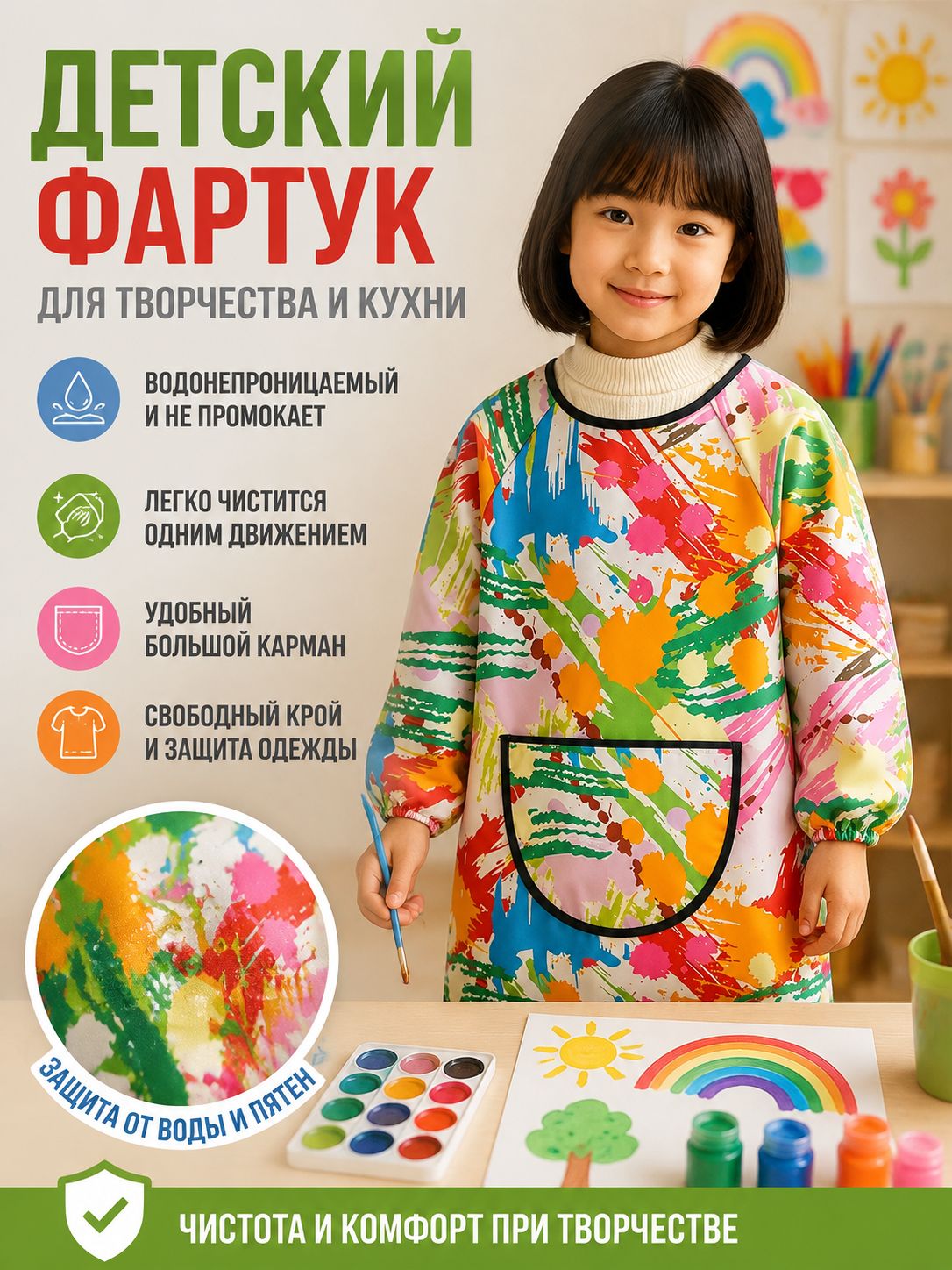 Лёгкий складной фартук для рисования для детей, непромокаемый, с длинным рукавом и карманом, быстросохнущий, граффити-принт, для сада и школы, 3-10 лет