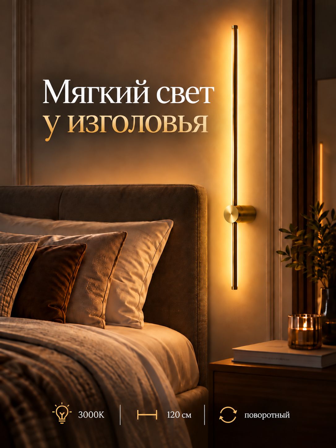 Светильник настенный длинный 120 см светодиодный, бра на стену в коридор, прихожую и спальню, подсветка для картин и зеркал, золотой, 10 Вт, тёплый 3000K