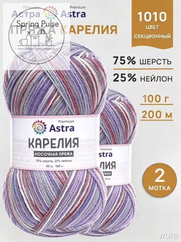 Пряжа Карелия Астра Премиум для носков 100г 200м, 2 мотка, цвет 1010