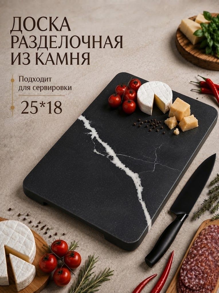 Каменная разделочная доска 25*18*2 см, сервировочная доска из камня для нарезки и подачи блюд