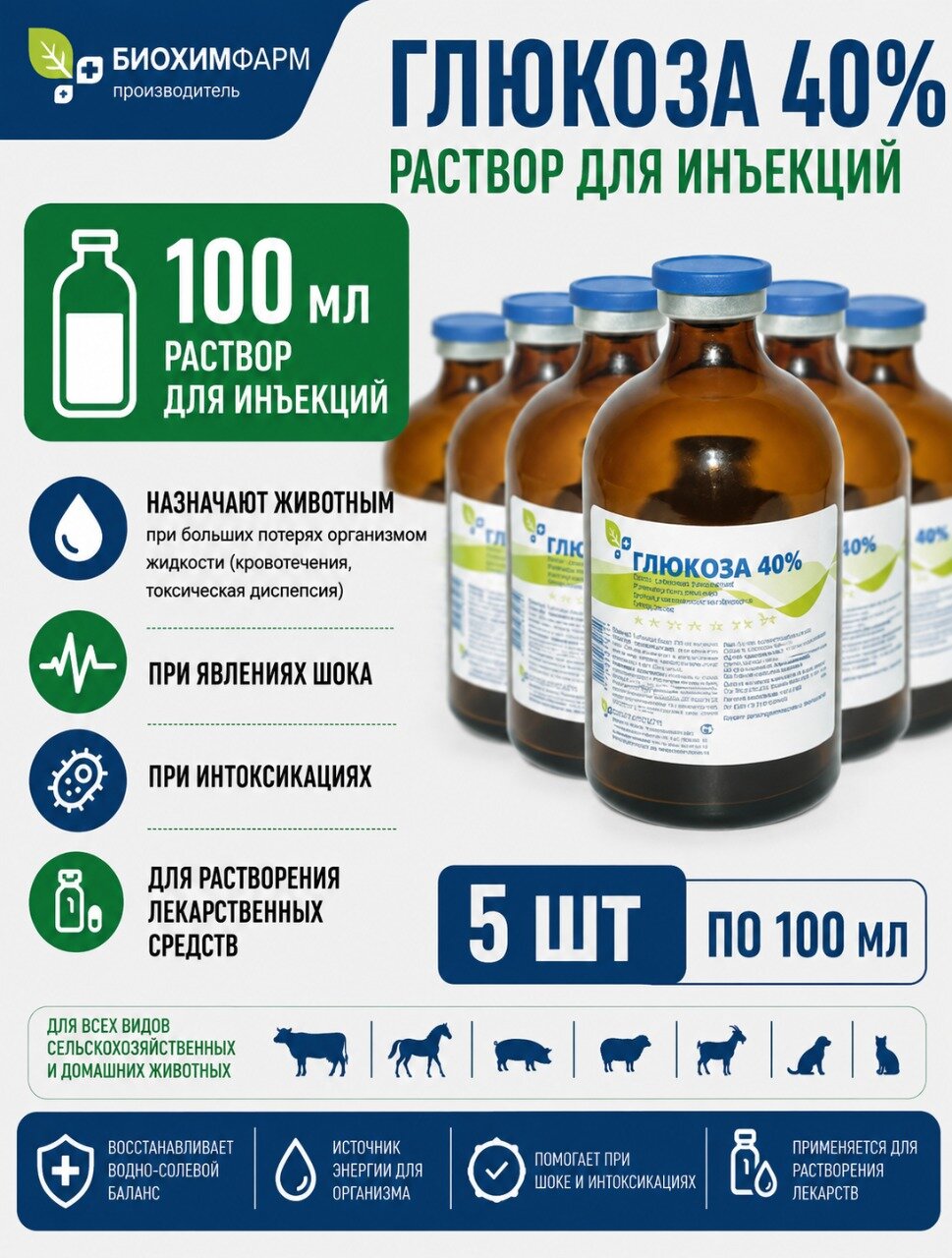 Глюкоза 40% БиоХимФарм , раствор для инъекций, 100мл, 5 штук