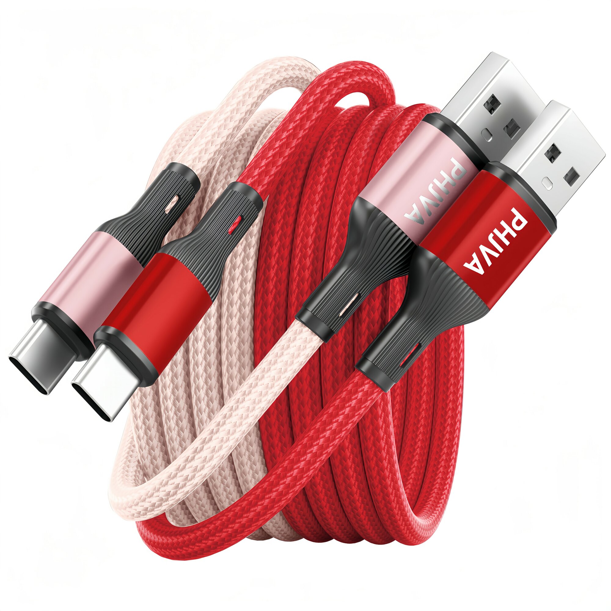 Кабель для быстрой зарядки и передачи данных USB-A на Type-C, 2 шт, длина 200 см, цвет: красный + розовое золото