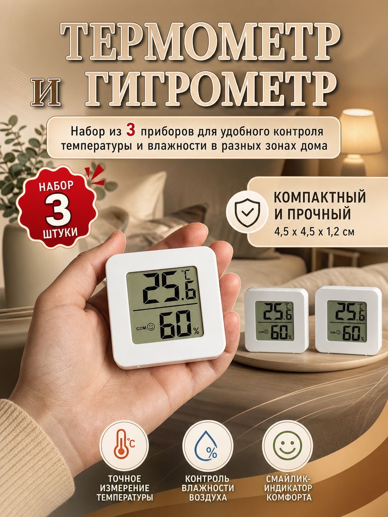 3 шт. Термометр и гигрометр электронный для дома и детской, цифровой термогигрометр комнатный настольный, домашняя метеостанция, датчик температуры и влажности