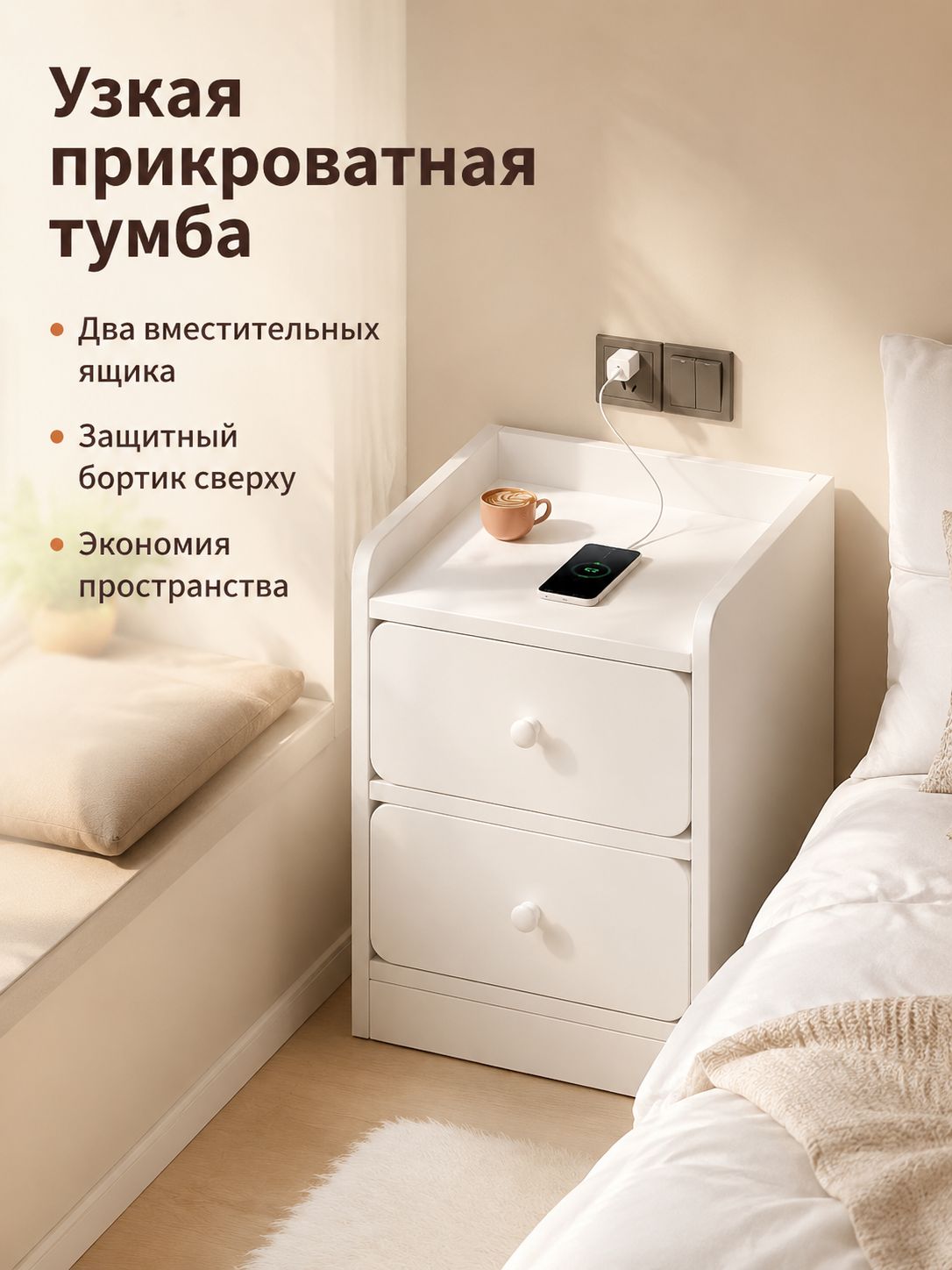 Узкая прикроватная тумба с ящиками, 40x30x50 см, белая, ЛДСП, современный стиль