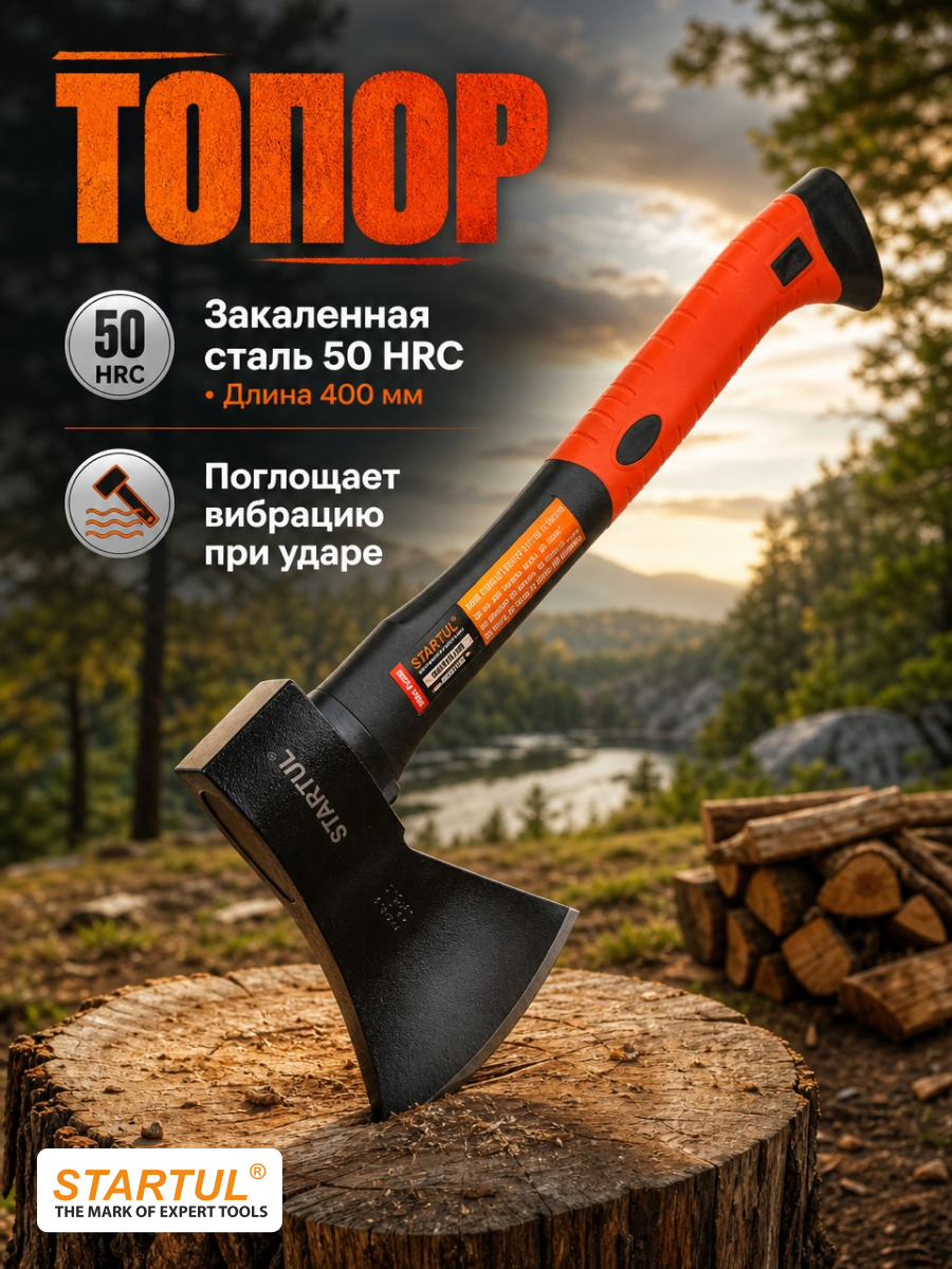 Топор для дров кованый 1 кг с фиберглассовой рукояткой STARTUL "MASTER" садовый, туристический