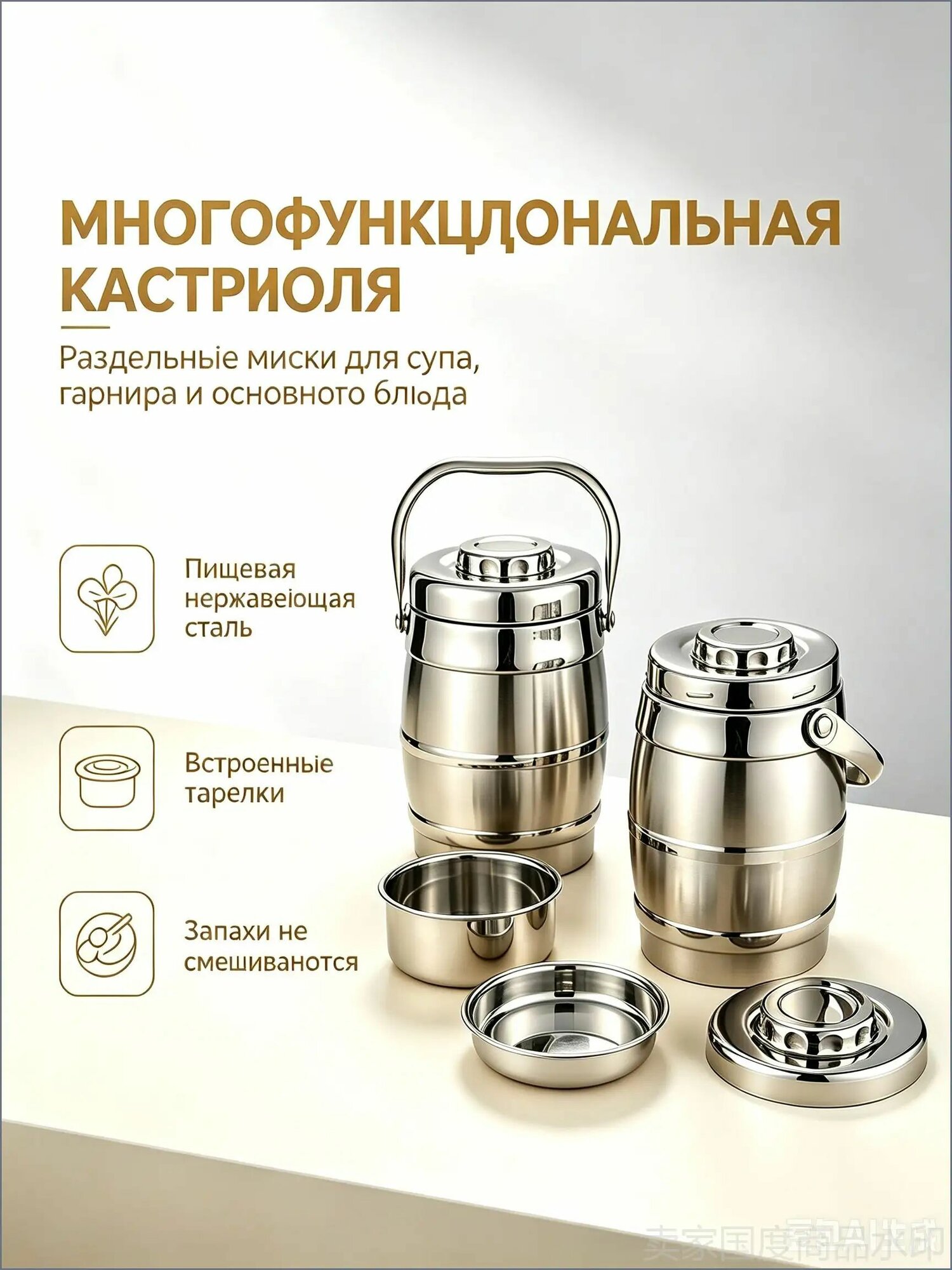 Термос 3 л, холод 24 ч, тепло 24 ч, для еды, непроливайка, серебристый