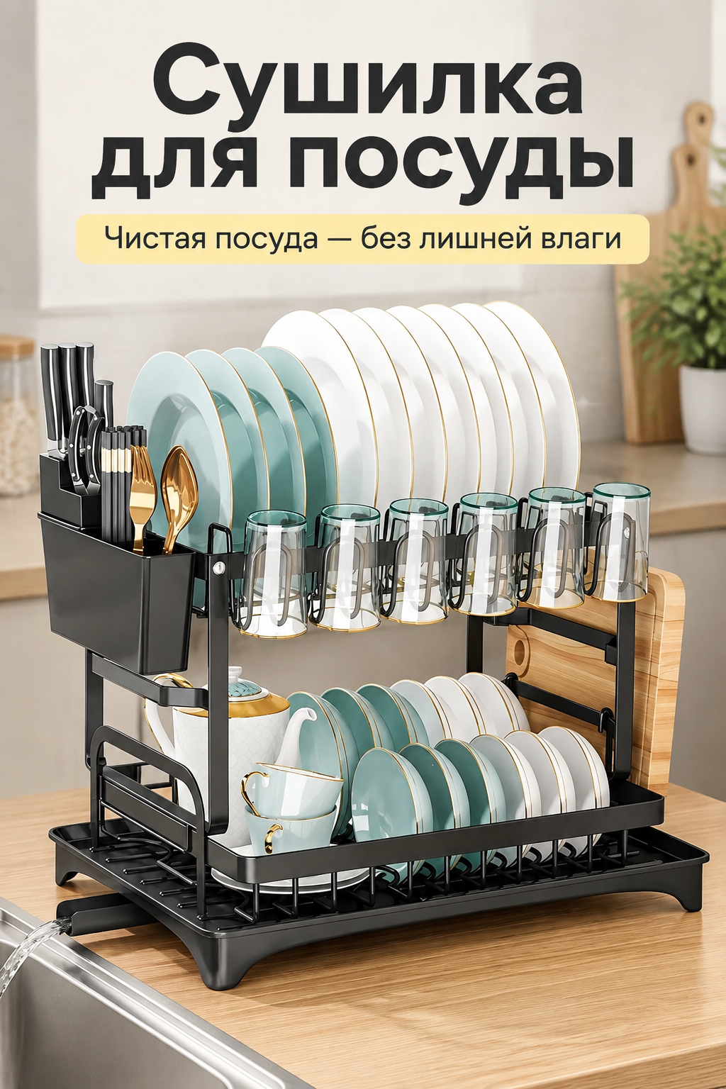 Настольная сушилка для посуды с поддоном и сливом, 2 яруса, 42×29×33 см