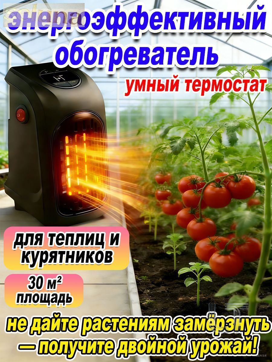 Обогреватель PTC для теплиц с термостатом 25-60С, таймер 12ч, до 30м