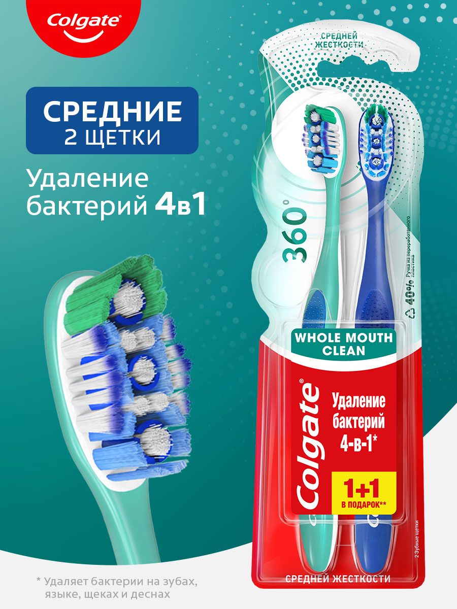 Зубная щетка Colgate 360 Суперчистота всей полости рта многофункциональная, средней жесткости, промоупаковка 1+1