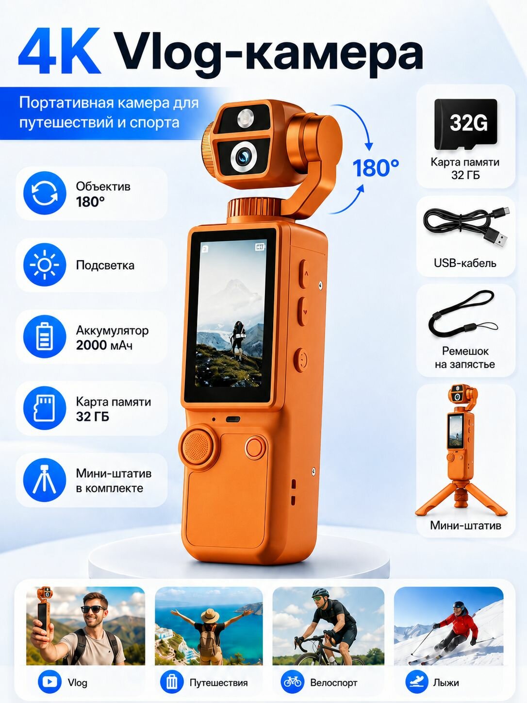 4K ультра HD экшн-камера для Vlog с 180 поворотным объективом, 5MP камера с подсветкой, аккумулятор 2000mAh, 32GB карта памяти, штатив, для путешествий, велоспорта, лыж