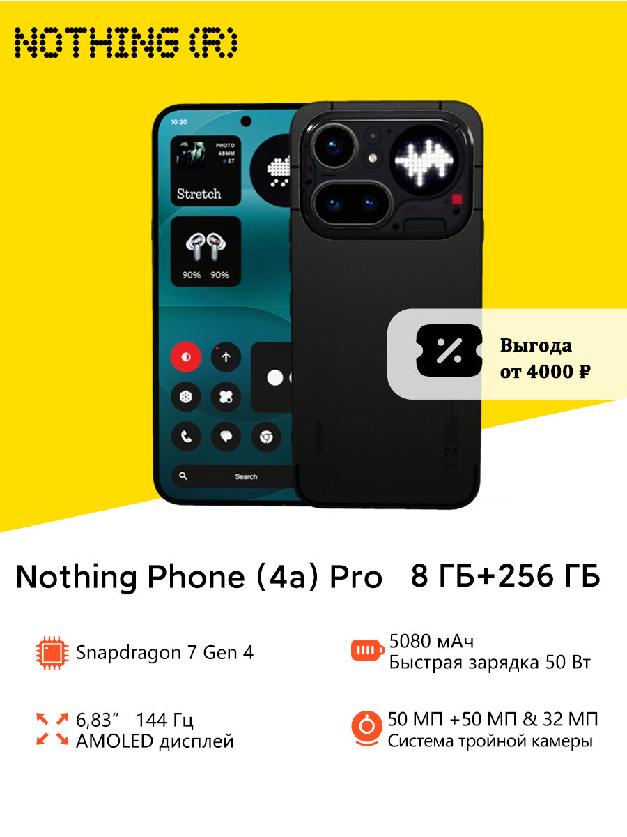 Смартфон Nothing Phone 4a Pro, чёрный, 8ГБ/256ГБ, защита IP65, AMOLED, 6.83", 144Г, черное