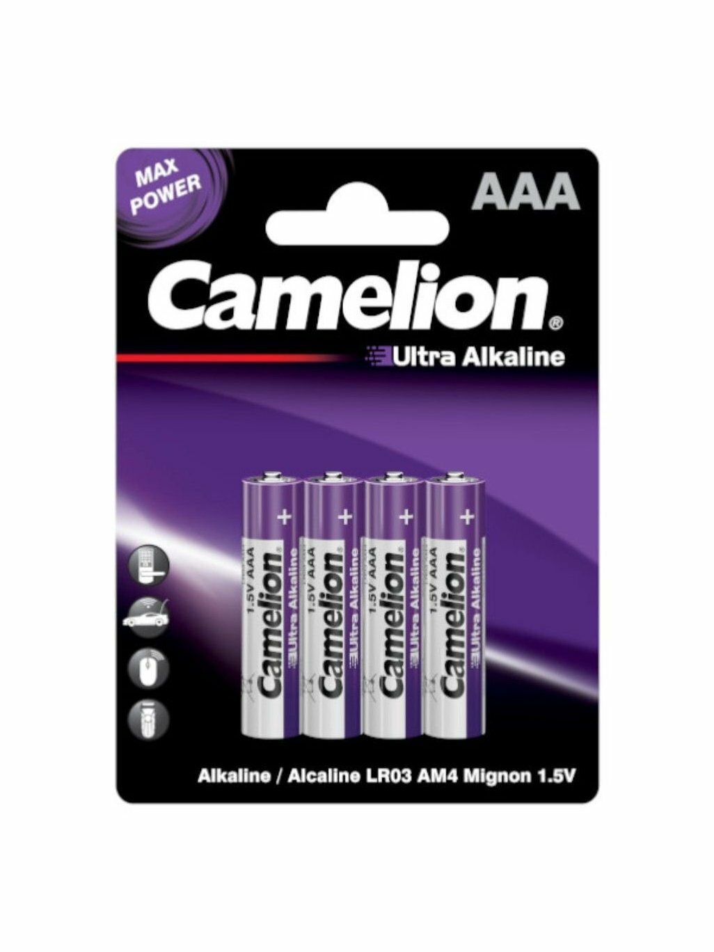 Батарейки Camelion AAA (LR03) Ultra Alkaline 1.5В, щелочные мизинчиковые элементы питания, блистер 4 штуки, артикул 14985