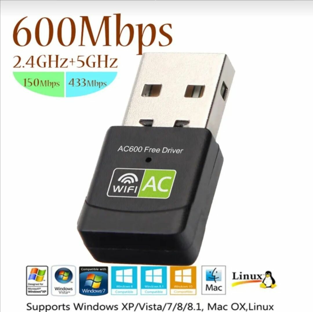 Адаптер Wi-Fi USB беспроводной, двух диапазонный, скорость до 600Mbit/s, 802.11ac, 2,4 и 5 ГГЦ компьютера 600 Мбит/с Wi-fi приемник подключи и играй AC сетевая карта для пк.