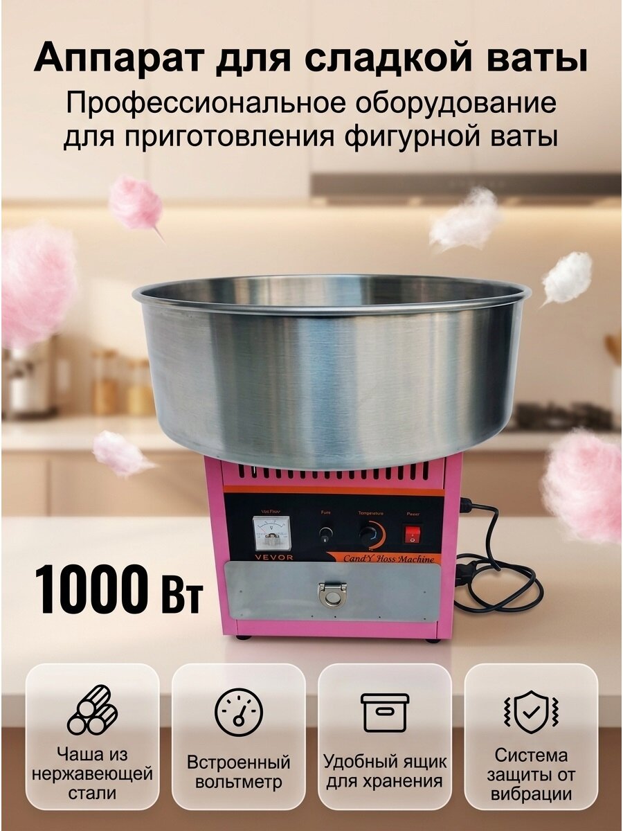Аппарат для сахарной ваты, для дома и мероприятий, 1000 Вт, 220 В, чаша 520 мм, с вольтметром, розовый