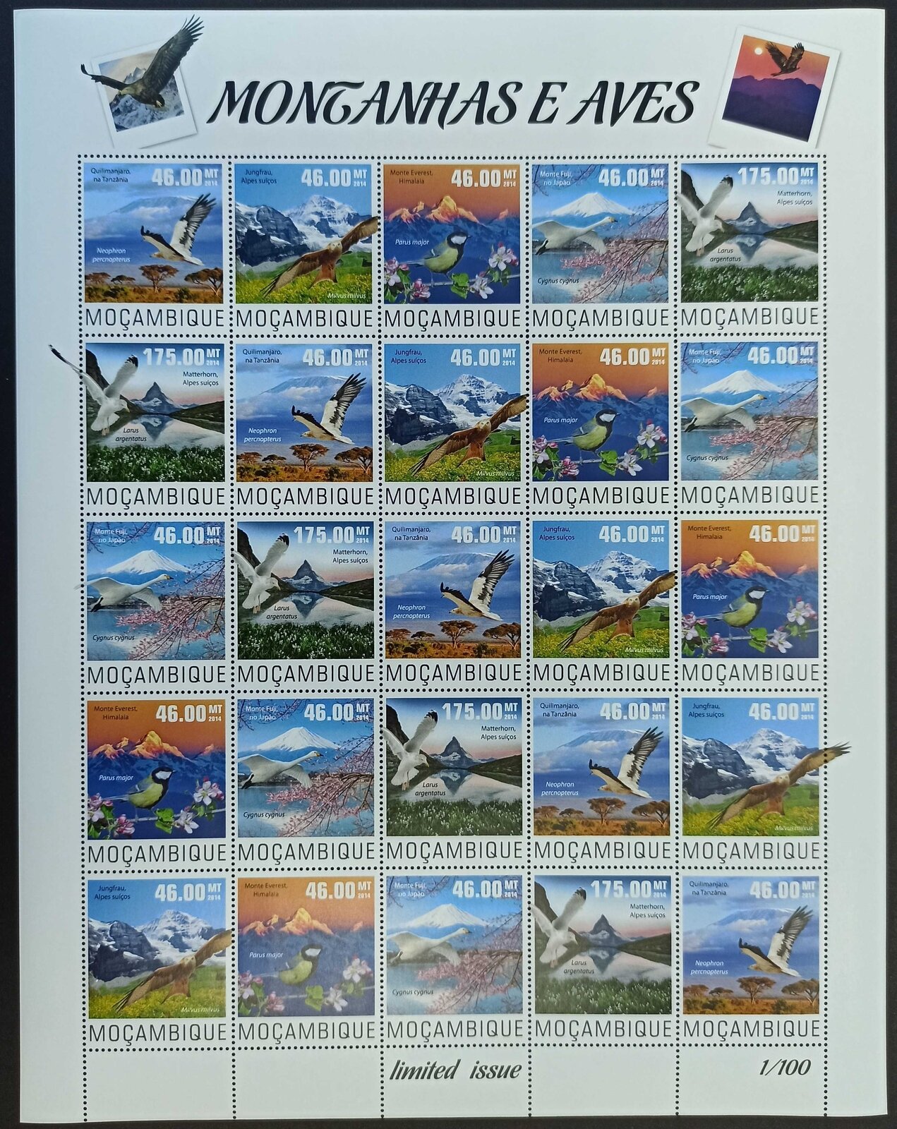 Марки 2014 Год Мозамбик Птицы и горы Пейзажи #7610-14 ! Целый лист Mnh