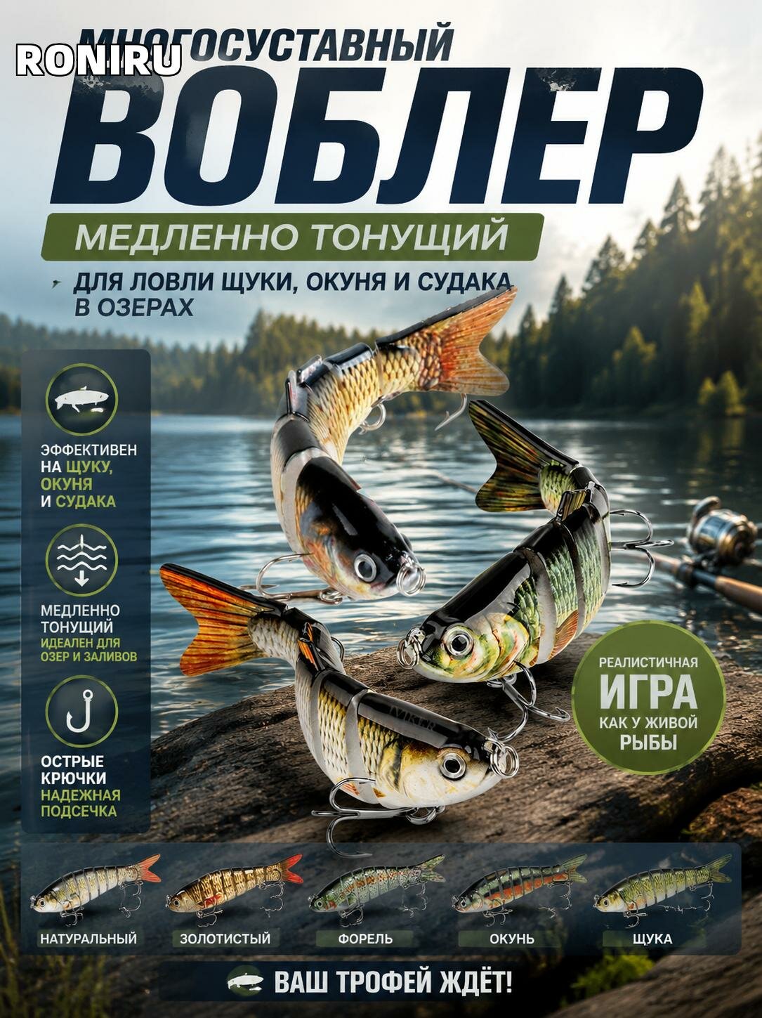 Многосуставный воблер медленно тонущий для ловли щуки, окуня и судака в озерах — реалистичная игра и острые крючки