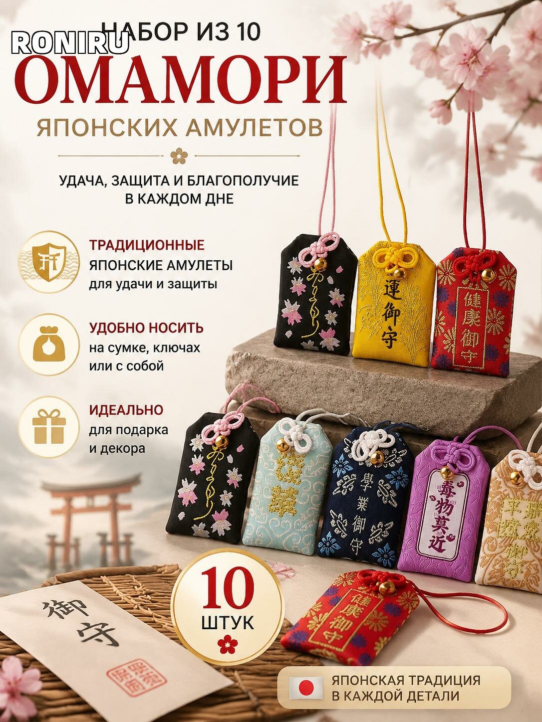 Набор из 10 японских омамори-саше для удачи — льняные мини-амулеты на сумку, брелок или праздничный декор и в быту