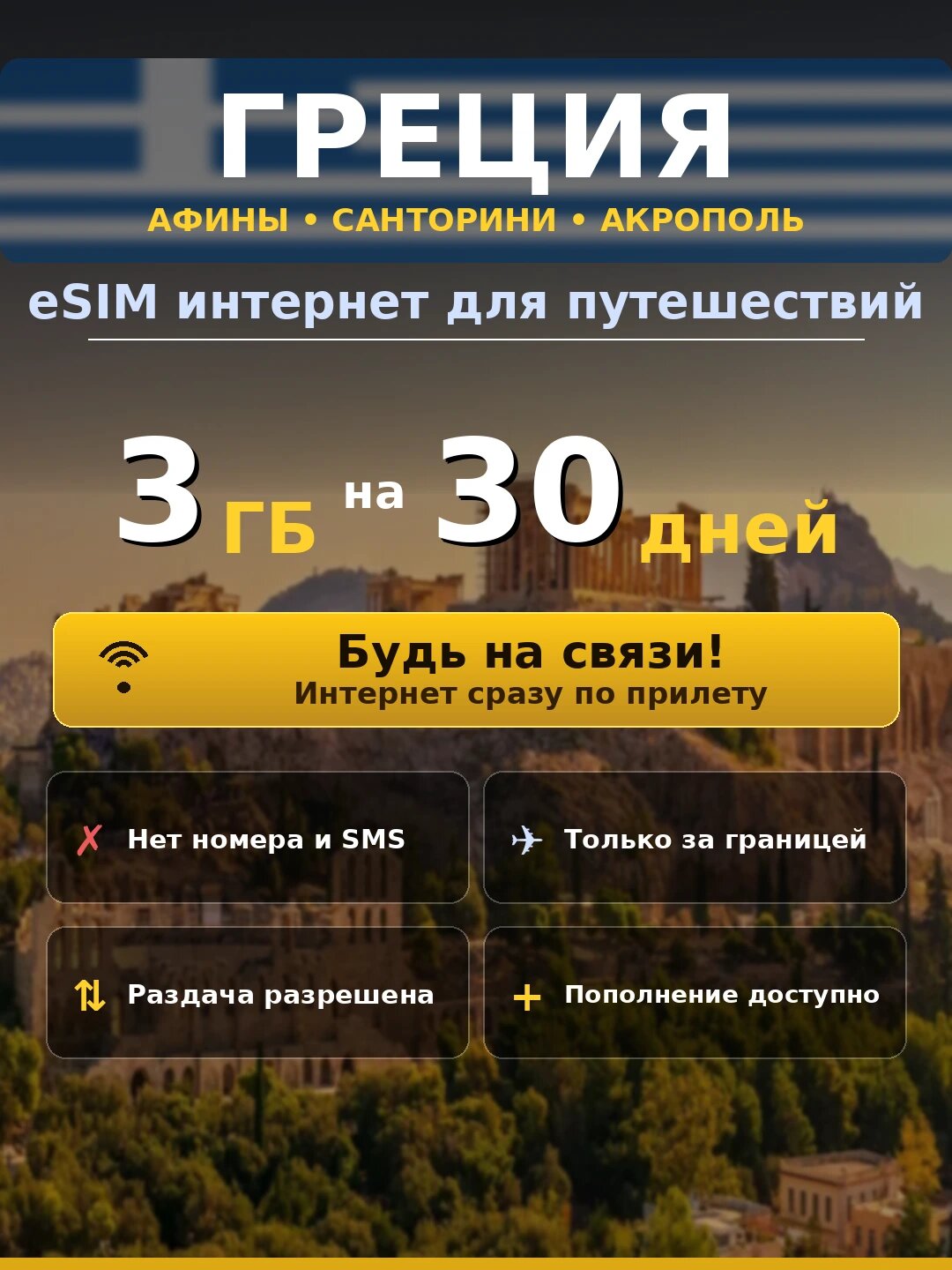 ESIM Греция — мобильный интернет 3 ГБ на 30 дней | виртуальная SIM-карта для путешествий