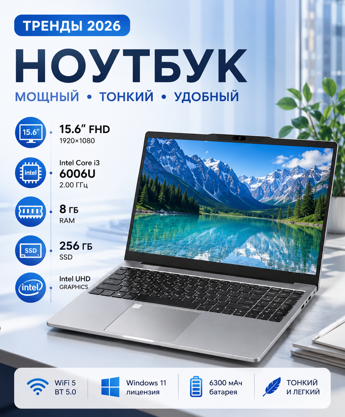 Ноутбук для работы и учебы,15.6 IPS 180°, 8ГБ RAM, SSD 256ГБ, Intel Core i3 6006U, Windows 11 PRO